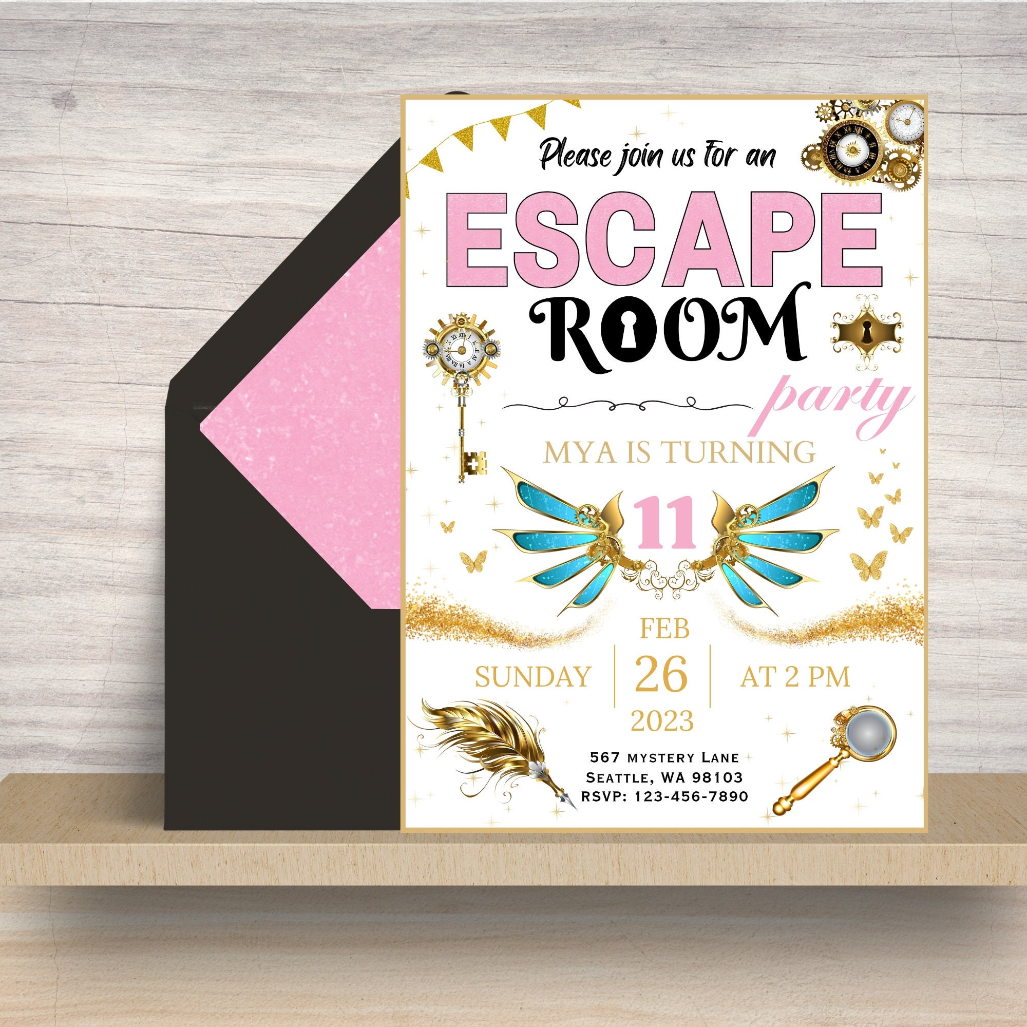 Escape Room Birthday Invitation, Gold and Pink Mystery Birthday ...