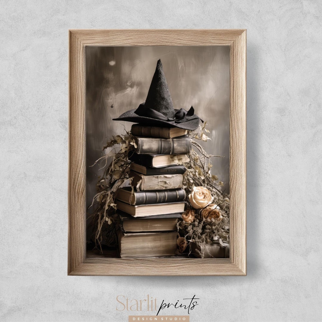 PRINTABLE Halloween Wall Art Print, Witch Hat on Old Books, Witchy ...