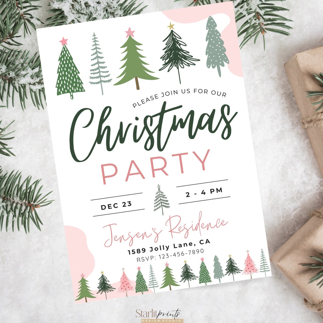 Holiday Party Invitation, Pink Party Invite, Merry Christmas Invitation ...