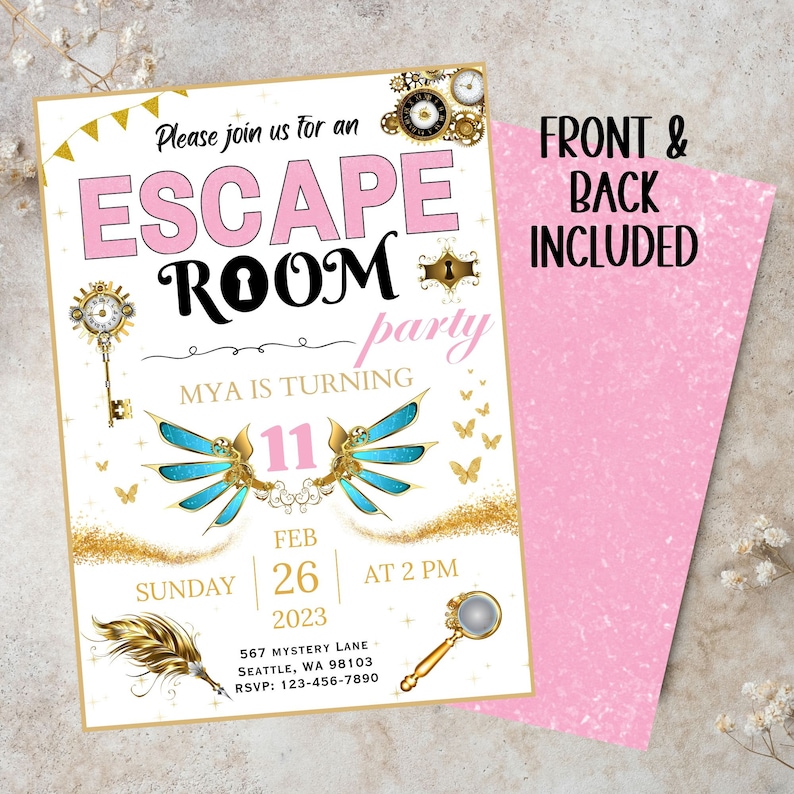 Escape Room Birthday Invitation, Gold and Pink Mystery Birthday ...