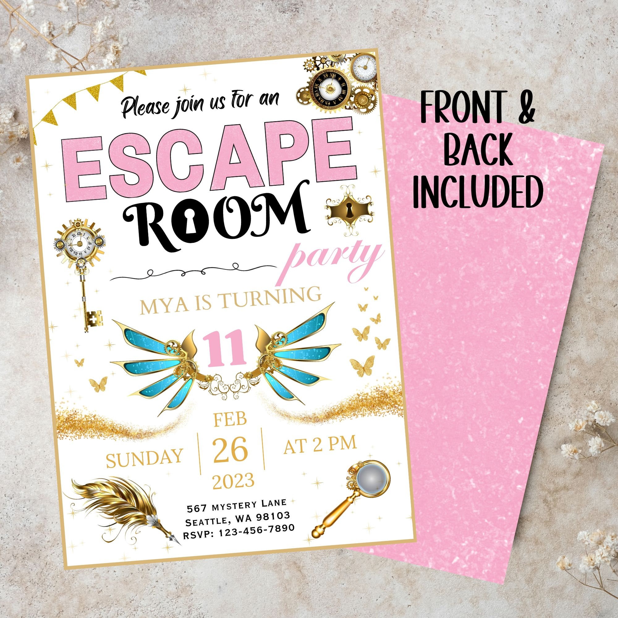 Escape Room Birthday Invitation, Gold and Pink Mystery Birthday ...