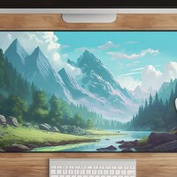 Mountain Landscape Desk Mat: Green Minimalist Nature Mousemat, Calm ...