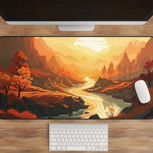 Autumn Forest Desk Mat – Scenic River & Mountain Mouse Pad – Nature ...
