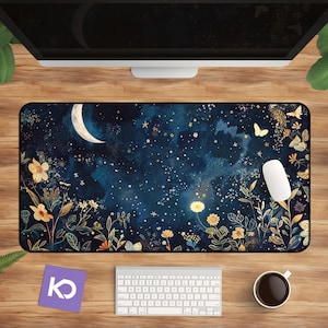 Celestial Desk Mat, Floral Design With Moon and Stars for Office Decor ...