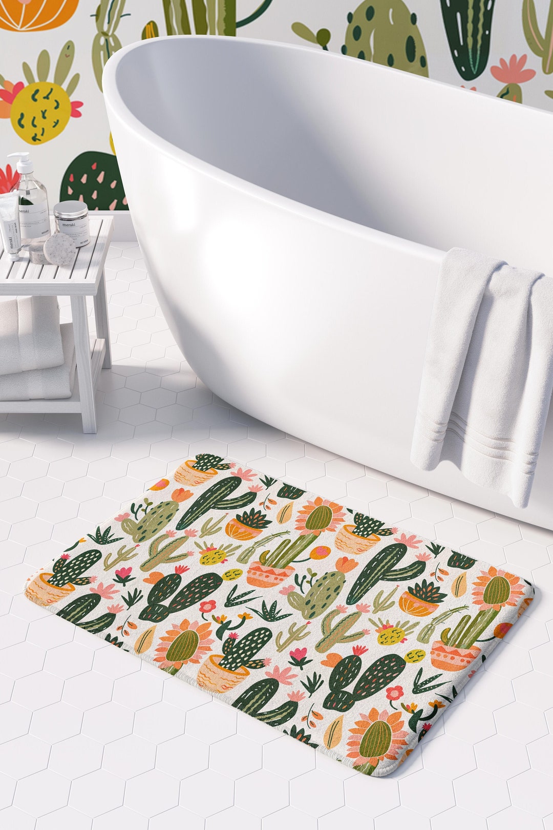 Colorful Cactus Bath Mat | Boho Cotton Decor, Handmade Floral ...