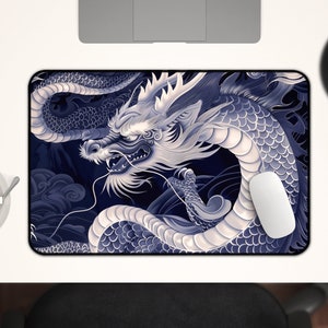 Chinese Dragon Desk Mat | Monochrome Style, Hemmed Edge, Large Size ...