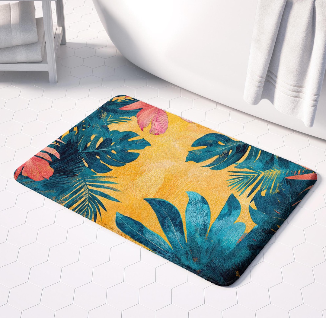 Tropical Bath Mat, Bohemian Botanical Green Rug, Monstera Palm Leaf ...