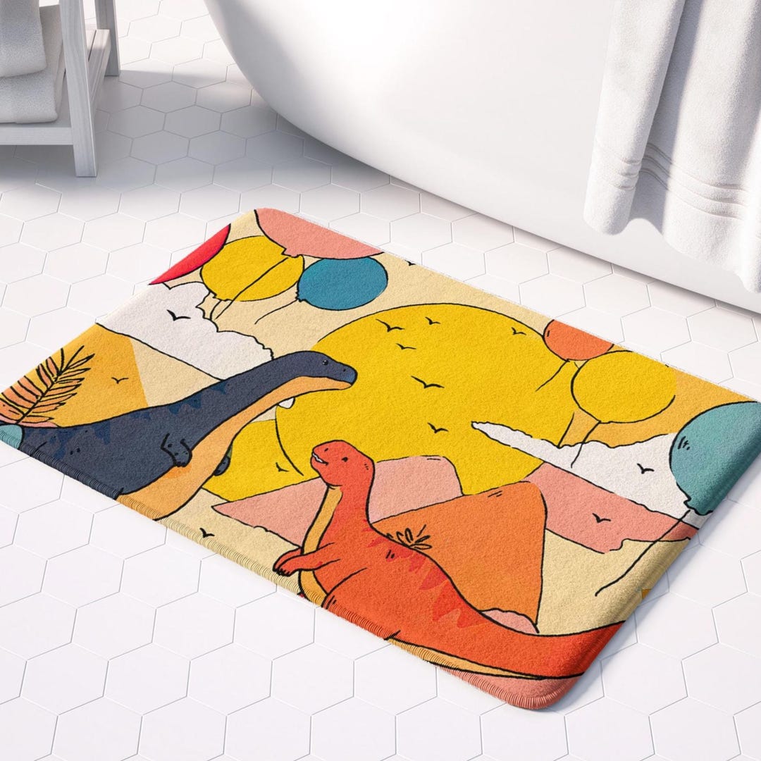 Kawaii Bath Mat, Cute Dinosaur Birthday Design With Balloons, Memory ...