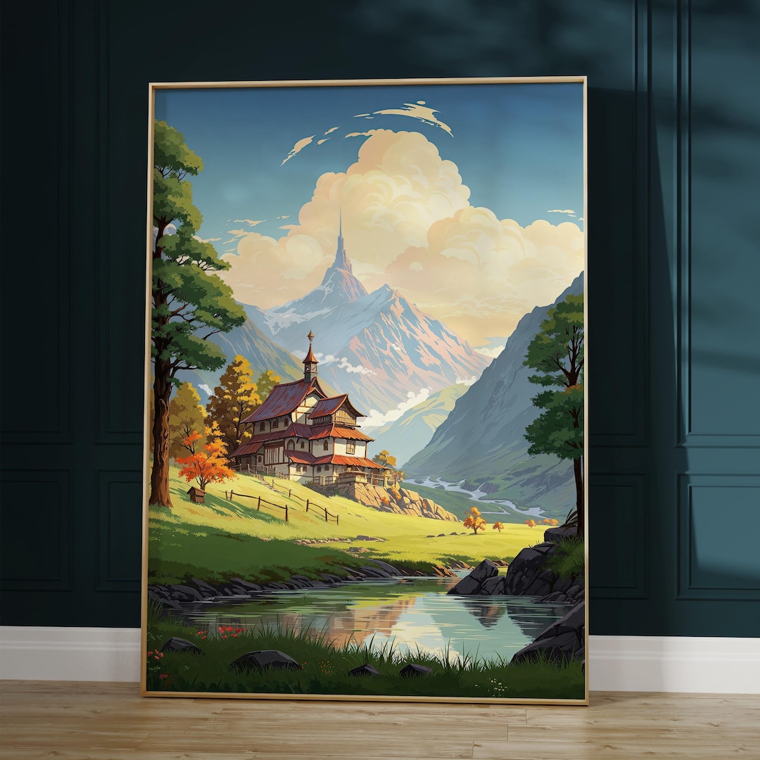 Anime Landscape Poster - Vibrant Mountain Scenery With House by River ...