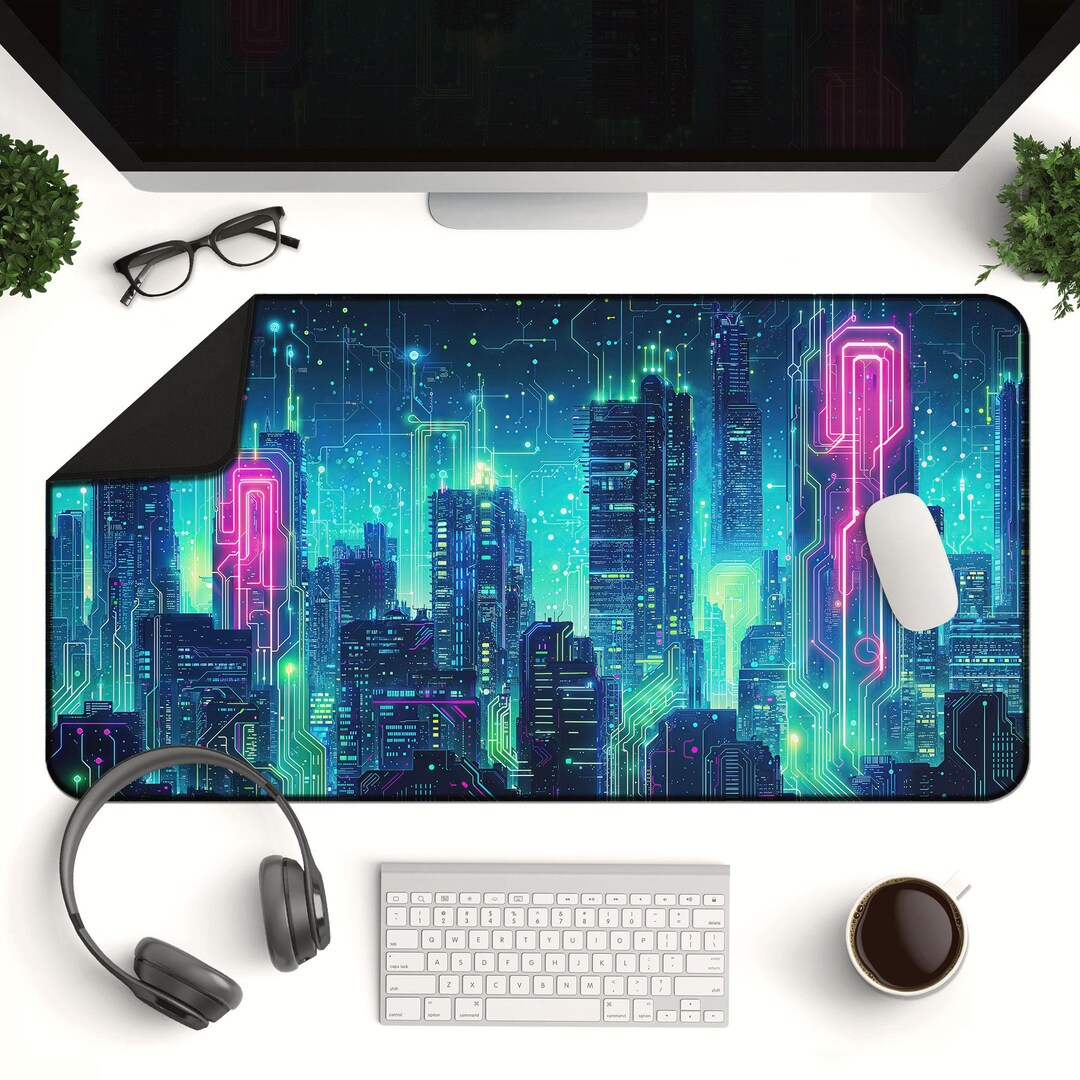 Cyberpunk Gaming Mouse Pad, Futuristic Neon Cityscape, XL Extended Desk ...