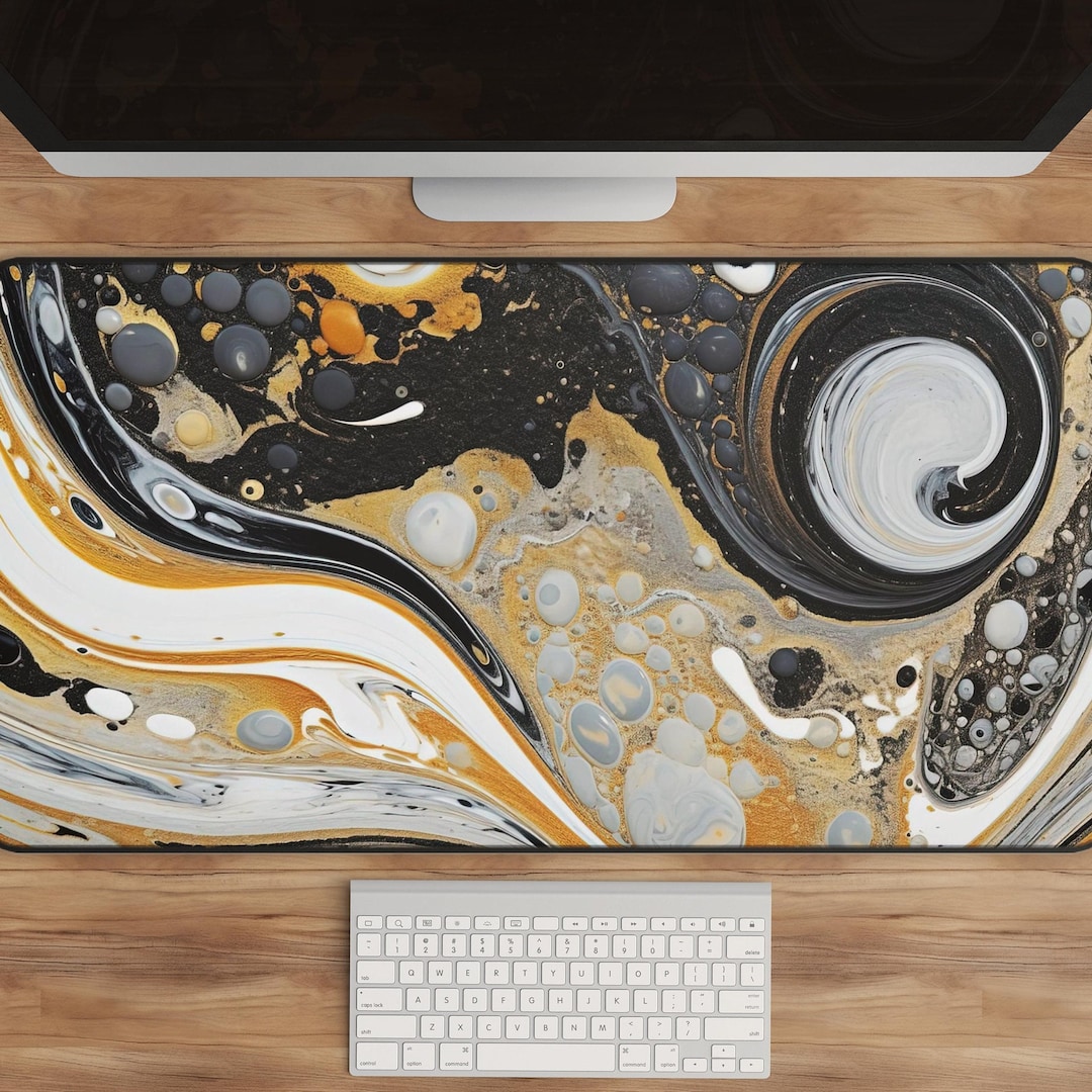 Elegant Black & White Swirl Desk Mat - Gold and Amber Marble Effect ...