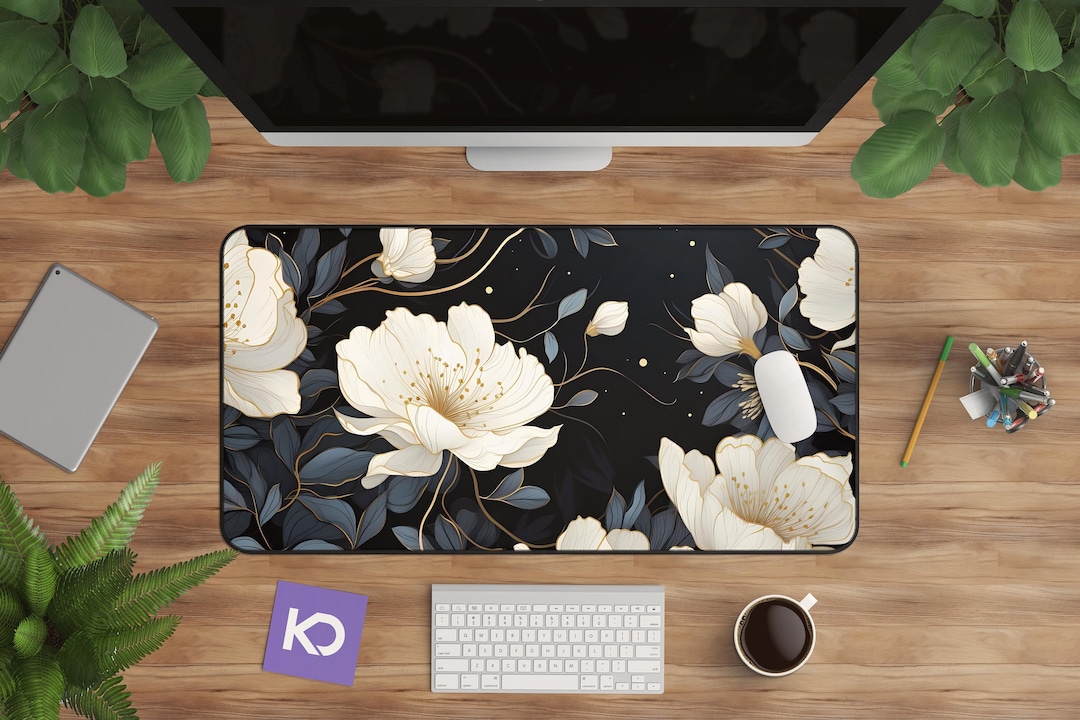 Floral Desk Mat: Aesthetic Botanical Mouse Pad With Golden Flower ...