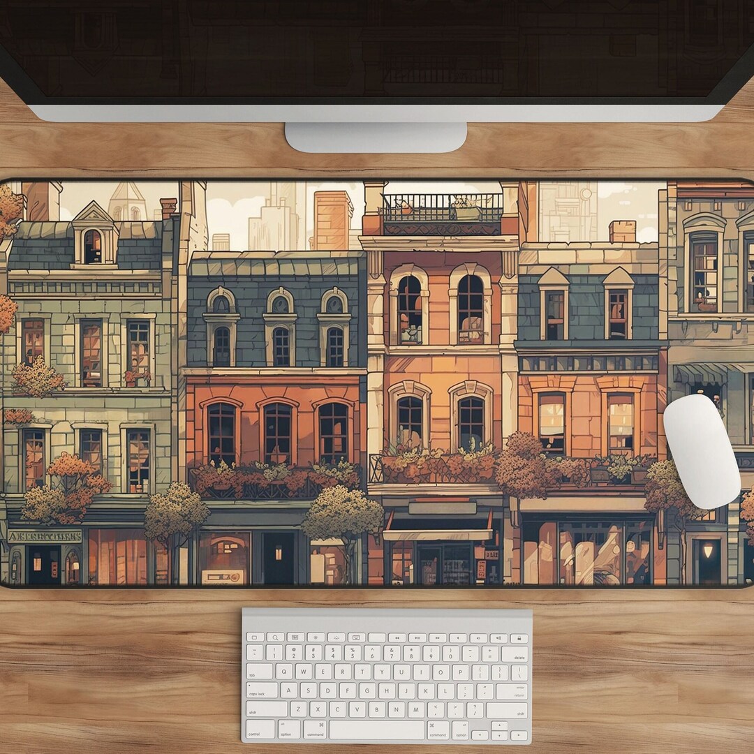 European Street Scene Desk Mat, Anime Cityscape, Detailed Illustration ...