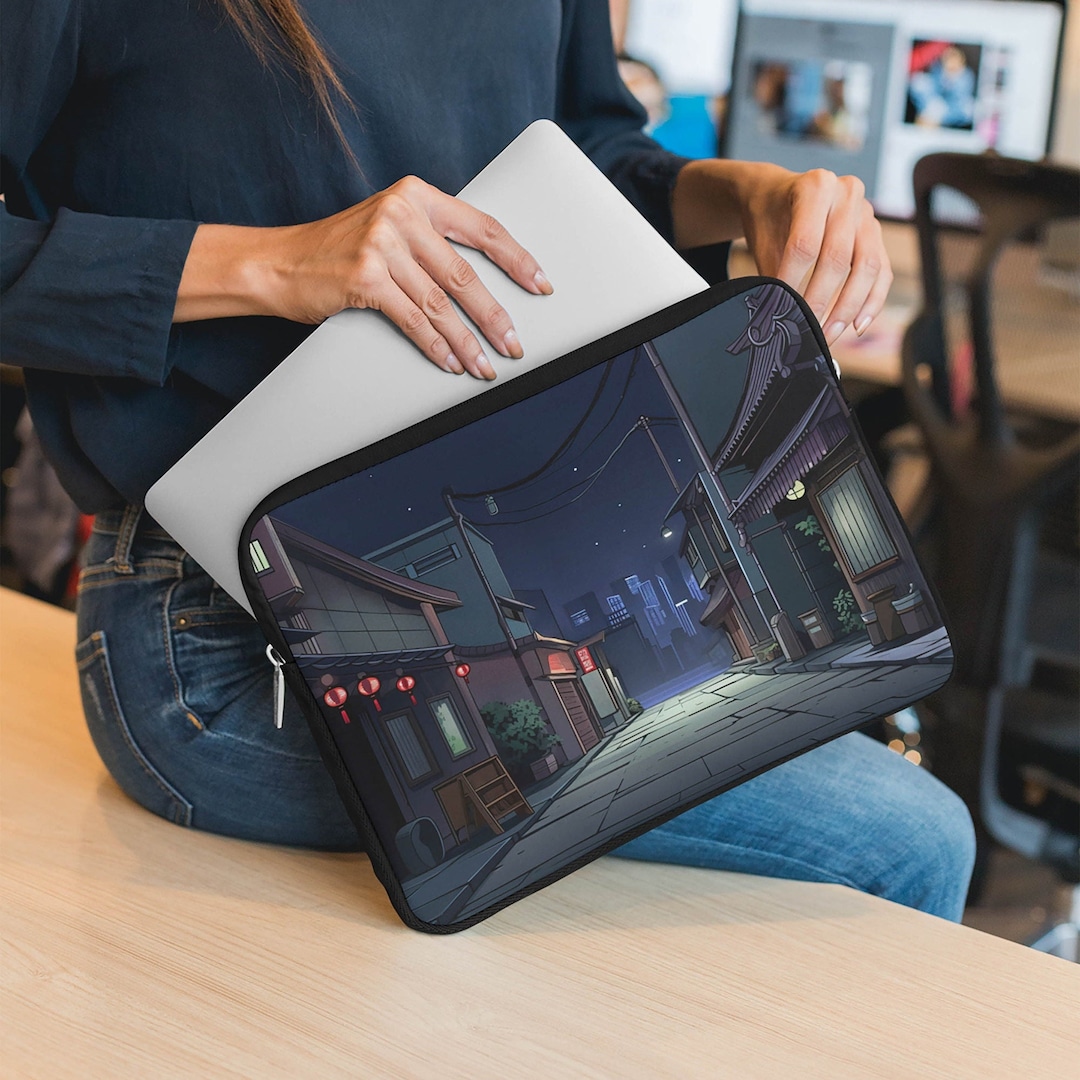 Anime Laptop Sleeve of Lantern-lit City Alley Night Street Scene, Anime ...