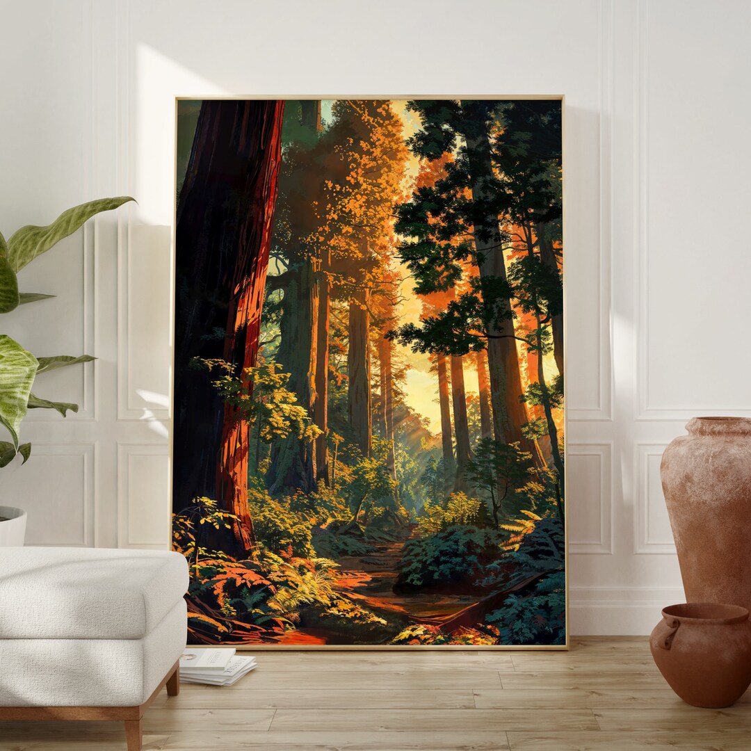 Redwood Forest Sunrise Poster Print, Captivating Anime Landscape Art ...