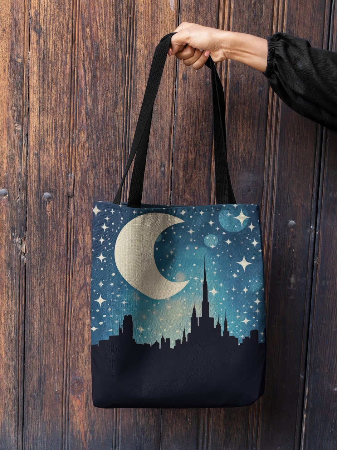 Enchanted Night Sky Tote Bag - Celestial Moon and Stars Over City ...