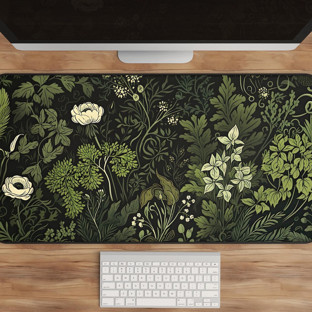 Botanical Art Nouveau Desk Mat - Sage Green Floral and Plant Detailed ...