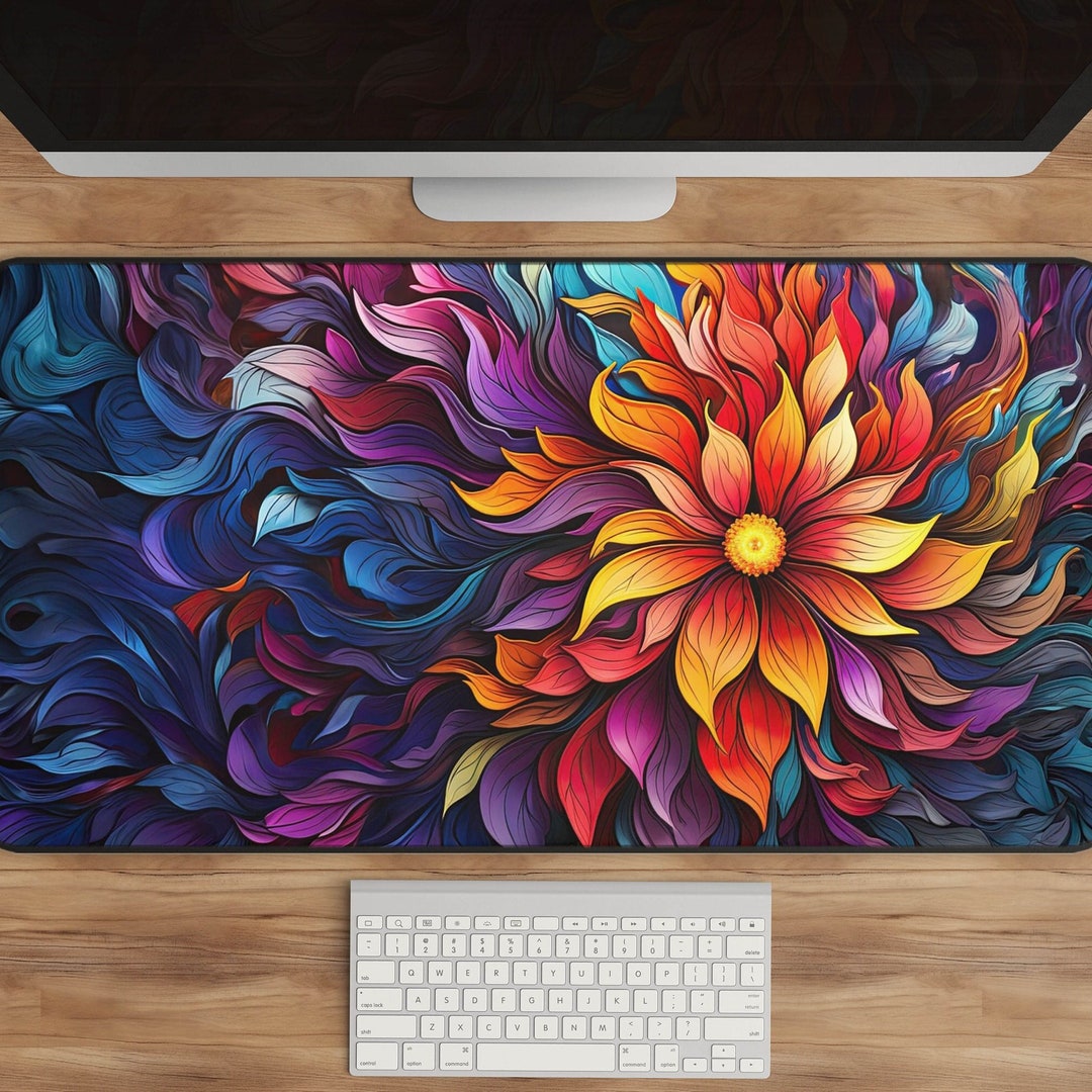 Psychedelic Desk Mat, Abstract Flower Design, Trippy Large Mouse Pad ...