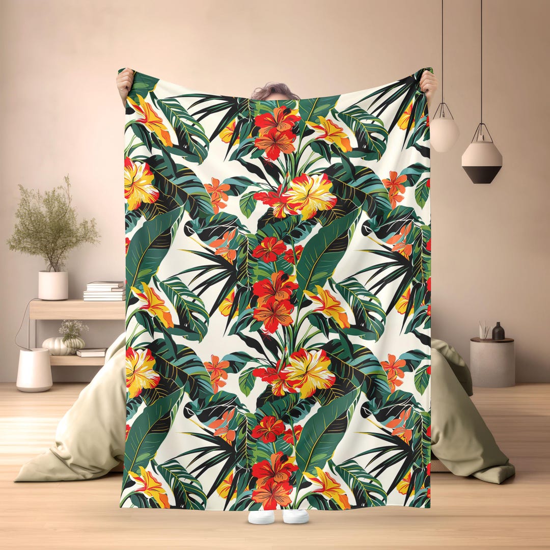 Maximalist Decor Boho Throw Blanket, Tropical Floral Fleece Blanket ...