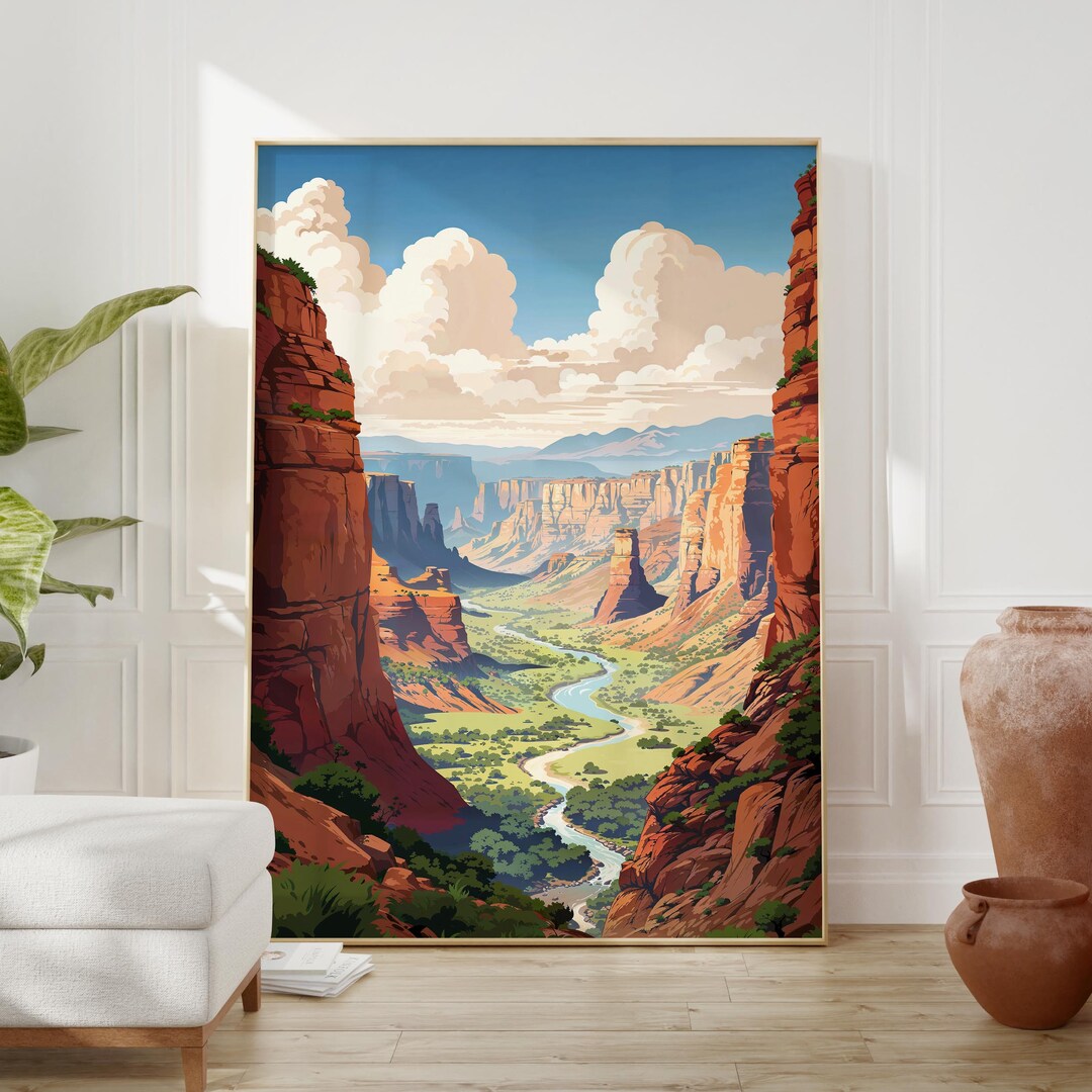 Scenic Wall Art: Vibrant Nature Illustration of a Canyon Landscape ...