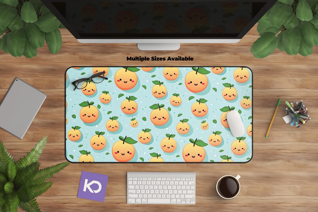Peach Desk Mat: Cute Kawaii Style Smiling Peaches on a Blue Background ...