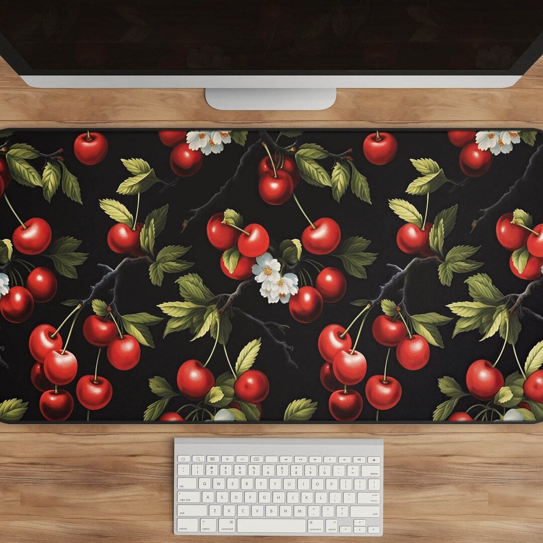 Cute Cherry Tree Desk Mat - Large Mouse Pad, Desk Pad - Dark Background ...