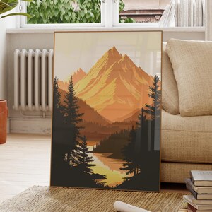 Mountain Poster With Sunset View, Rustic Landscape Print for Nature ...