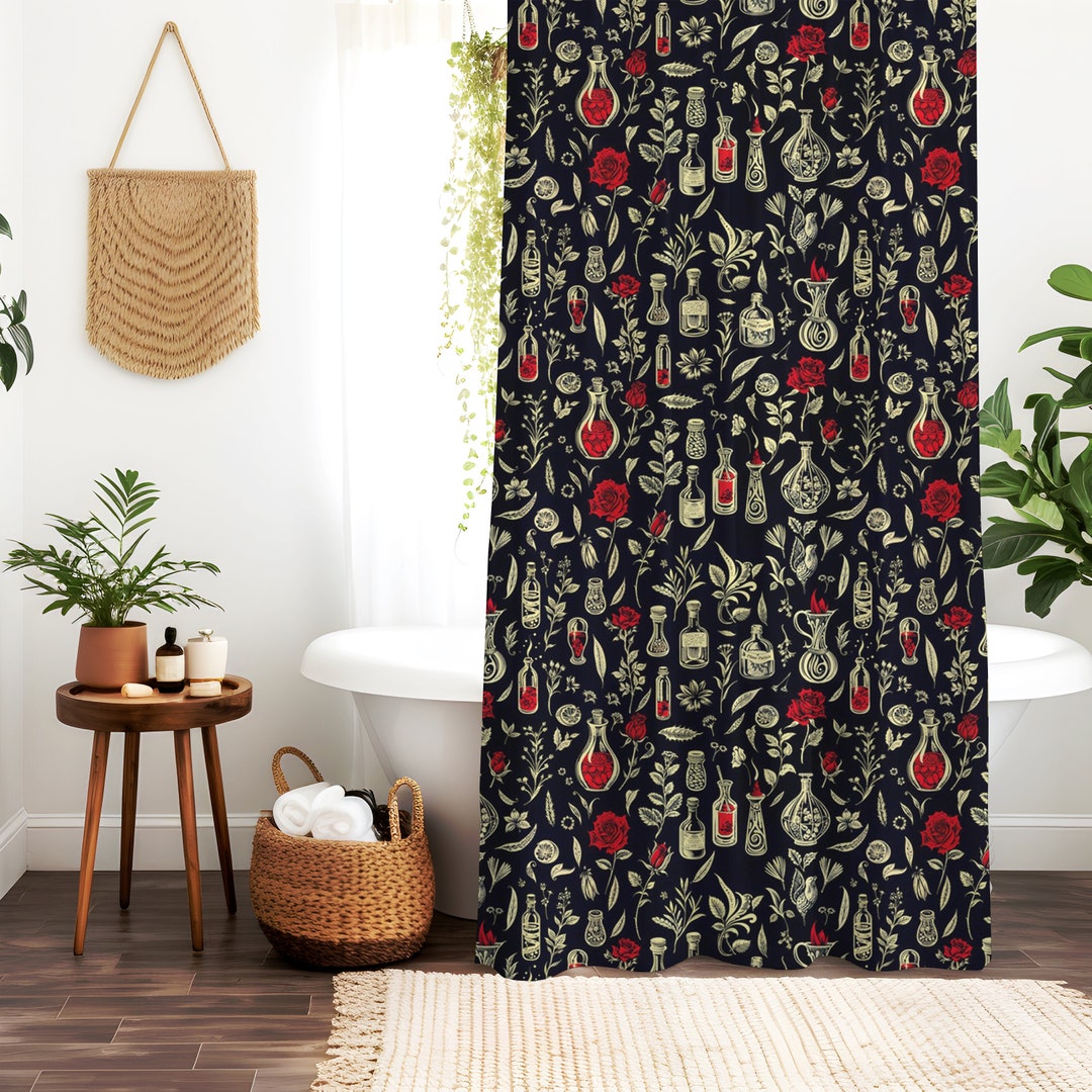 Witchy Dark Academia Shower Curtain, Botanical Apothecary Design ...
