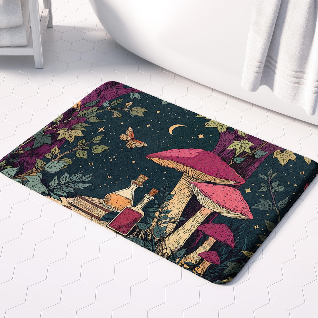 Mushroom Bath Mat: Hand-drawn Mushrooms and Crescent Moon - Cozy ...