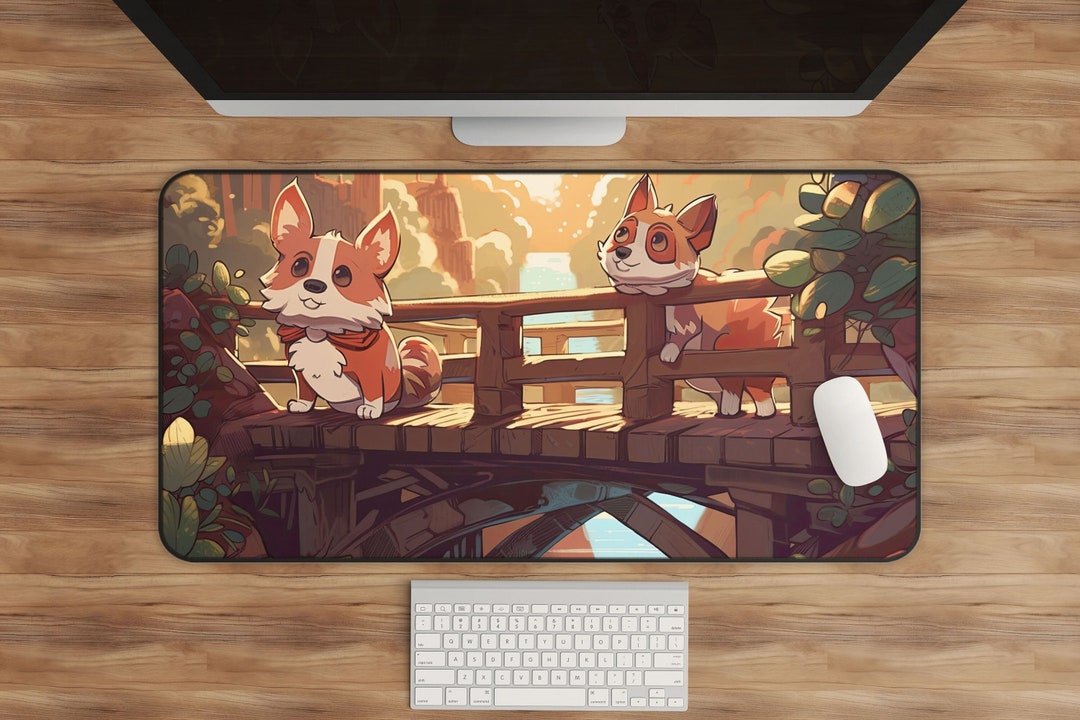 Cute Corgi Anime Desk Mat, Kawaii Forest Bridge Mouse Pad, Large Gaming ...