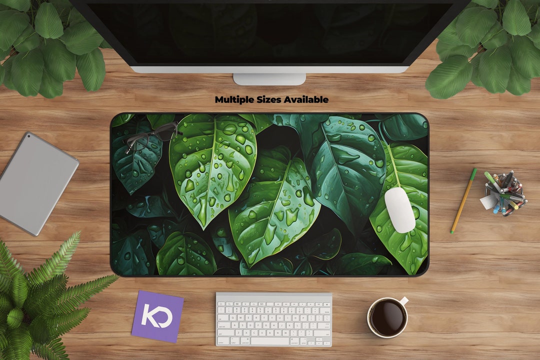 Desk Mat Plants: Green Plant Mat With Leaf Pattern and Water Drops ...