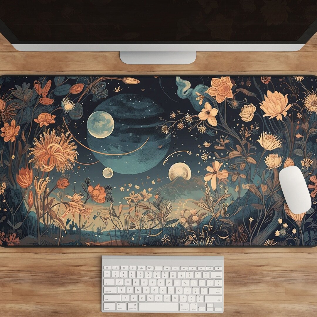 Enchanting Celestial Desk Mat - Night Landscape, Whimsical Floral Art ...