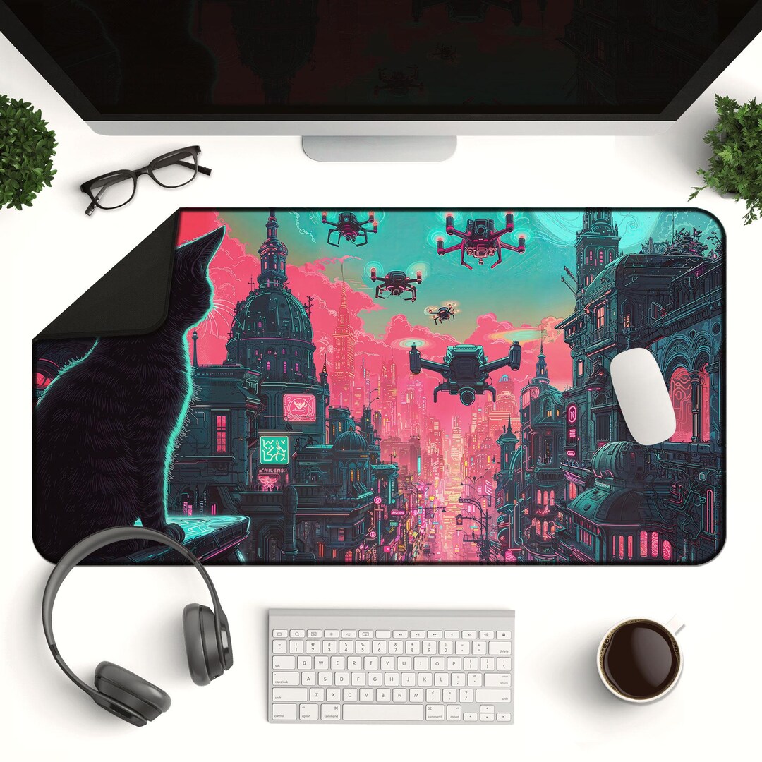Cyberpunk Cat Desk Mat, Futuristic Cityscape, Aesthetic Gaming Mousepad ...