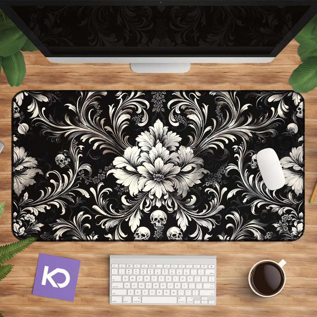 Goth Mouse Pad Desk Mat, Baroque Floral Skull Pattern, Gothic Office ...