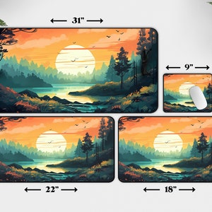 Nature Desk Mat - Sunset Forest Desk Mat With Birds and Lake ...