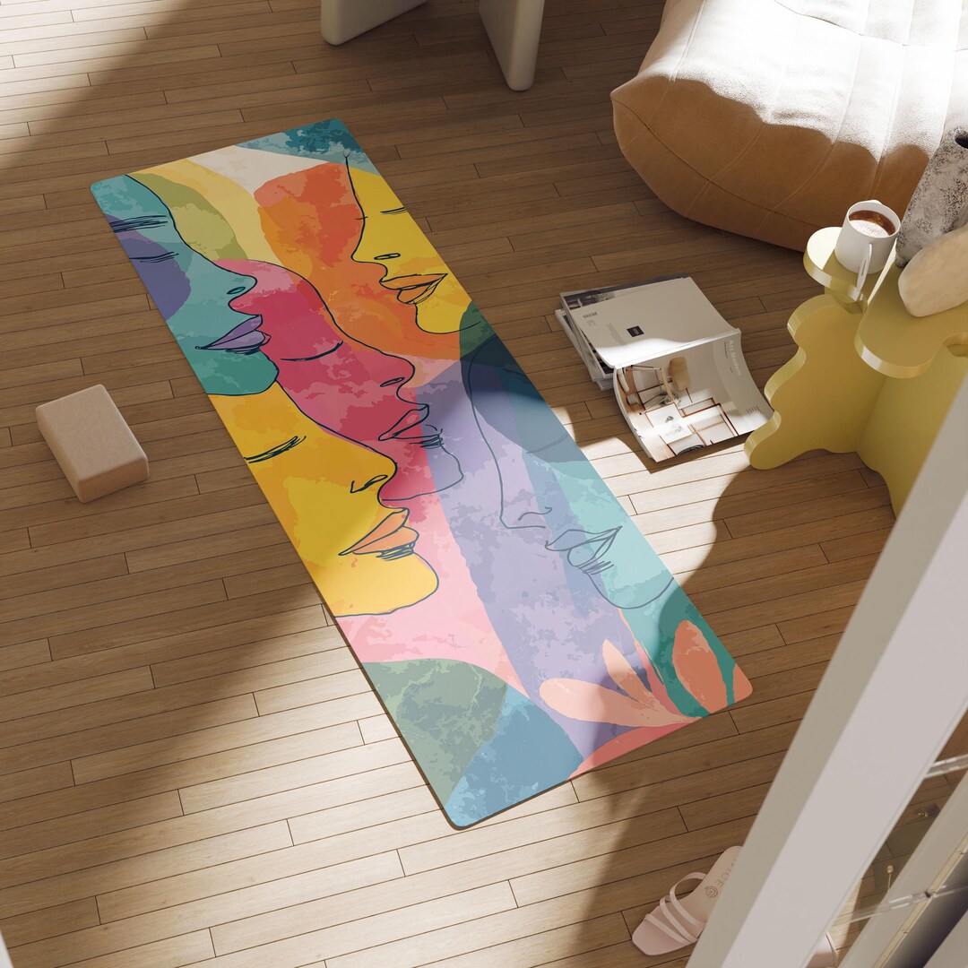 Yoga Mat: Woman Line Art With Rainbow Faces - Non-slip Suede Top - Etsy