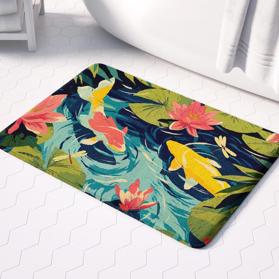 Koi Fish Bath Mat, Decorative Pond Design, Non-slip Soft Bathroom Rug ...