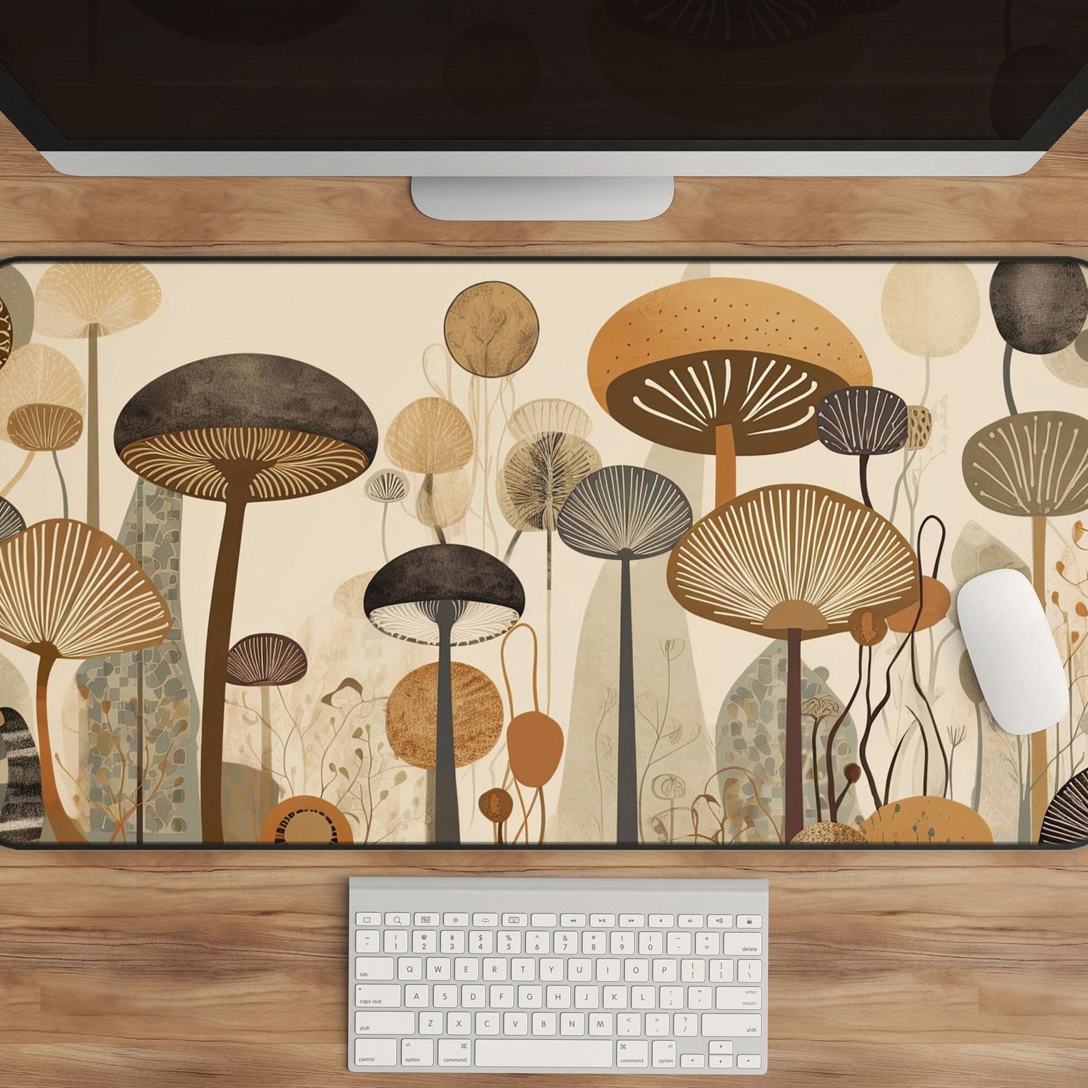 Boho Mushroom Desk Mat Minimalist Forest Landscape Earthy - Etsy