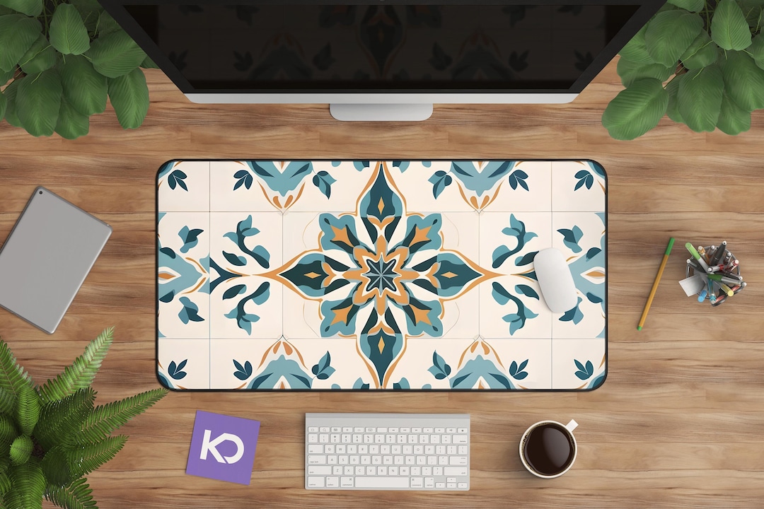 Bohemian Desk Mat | Moroccan Tile & Floral Print Mousepad, Artistic and ...