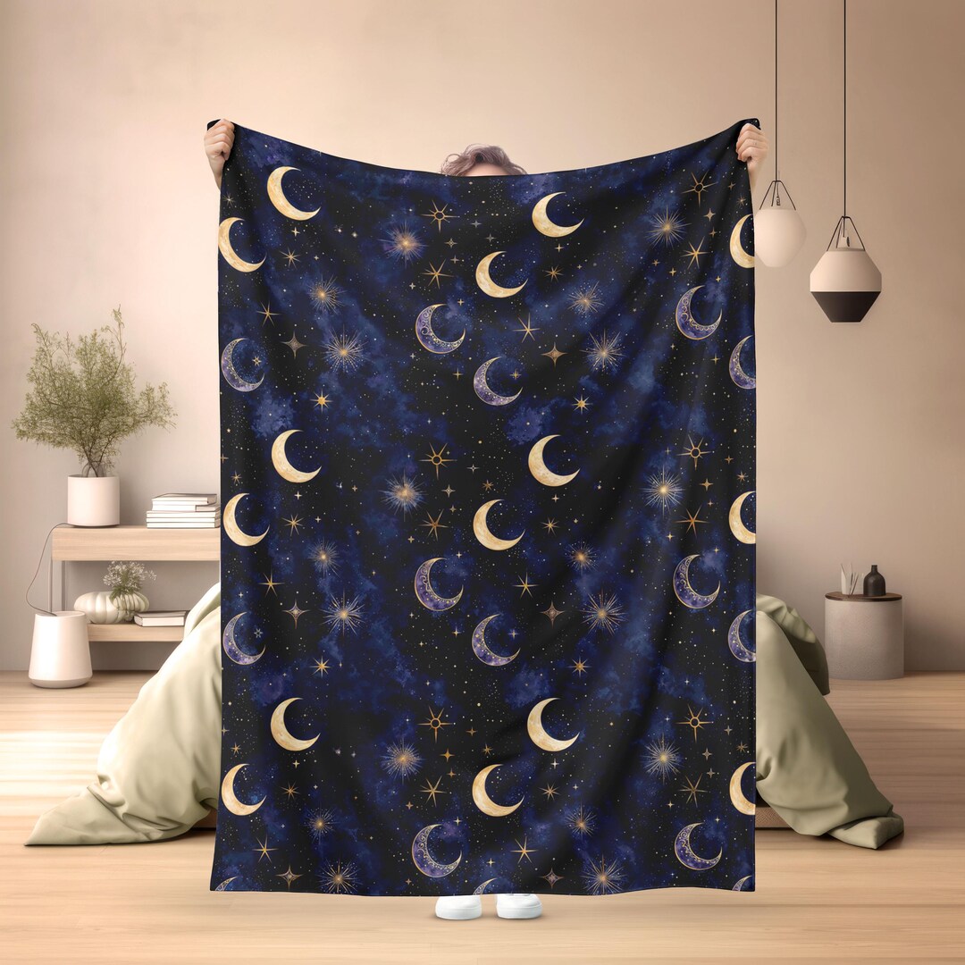 Celestial Plush Blanket - Moon & Stars Throw, Mystical Navy With Gold ...
