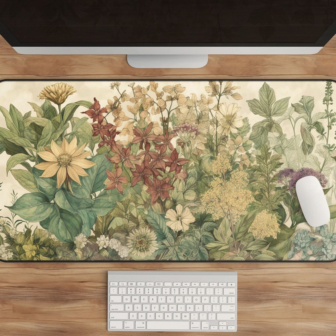 Cottagecore Floral Desk Mat, Nostalgic Earth Tone Illustration ...