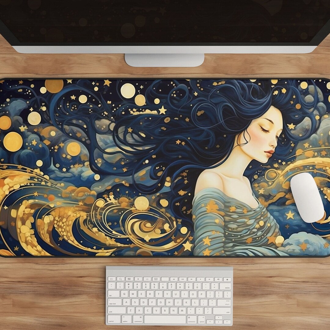 Cosmic Celestial Desk Mat - Starry Night Sky, Gold & Azure, Large Mouse ...