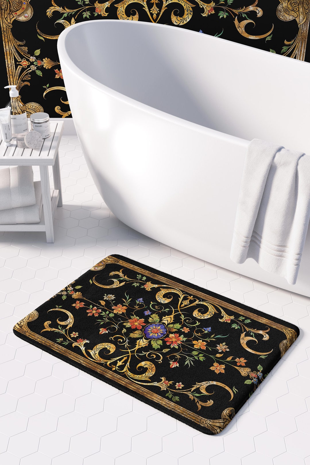 Baroque Floral Bath Mat: Black Velvet With Gold Scroll Design - Etsy