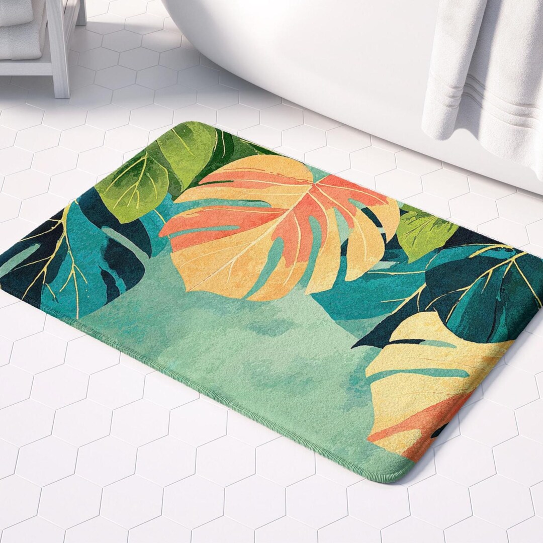 Monstera Leaf Bath Mat, Tropical Botanical Bathroom Rug, Colorful ...