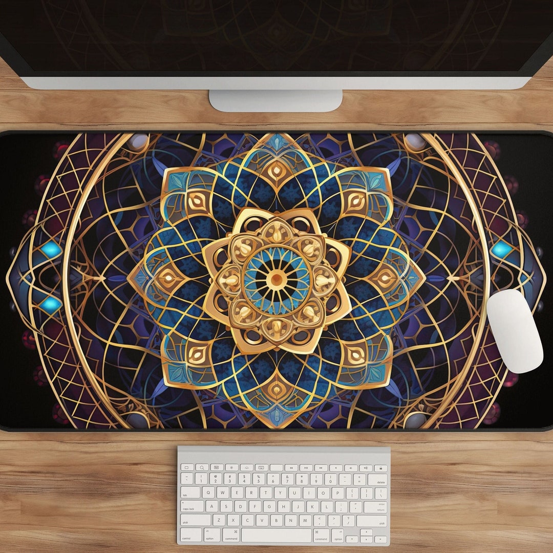 Cosmic Mandala Desk Mat: Blue & Gold Bohemian Office Decor - Etsy