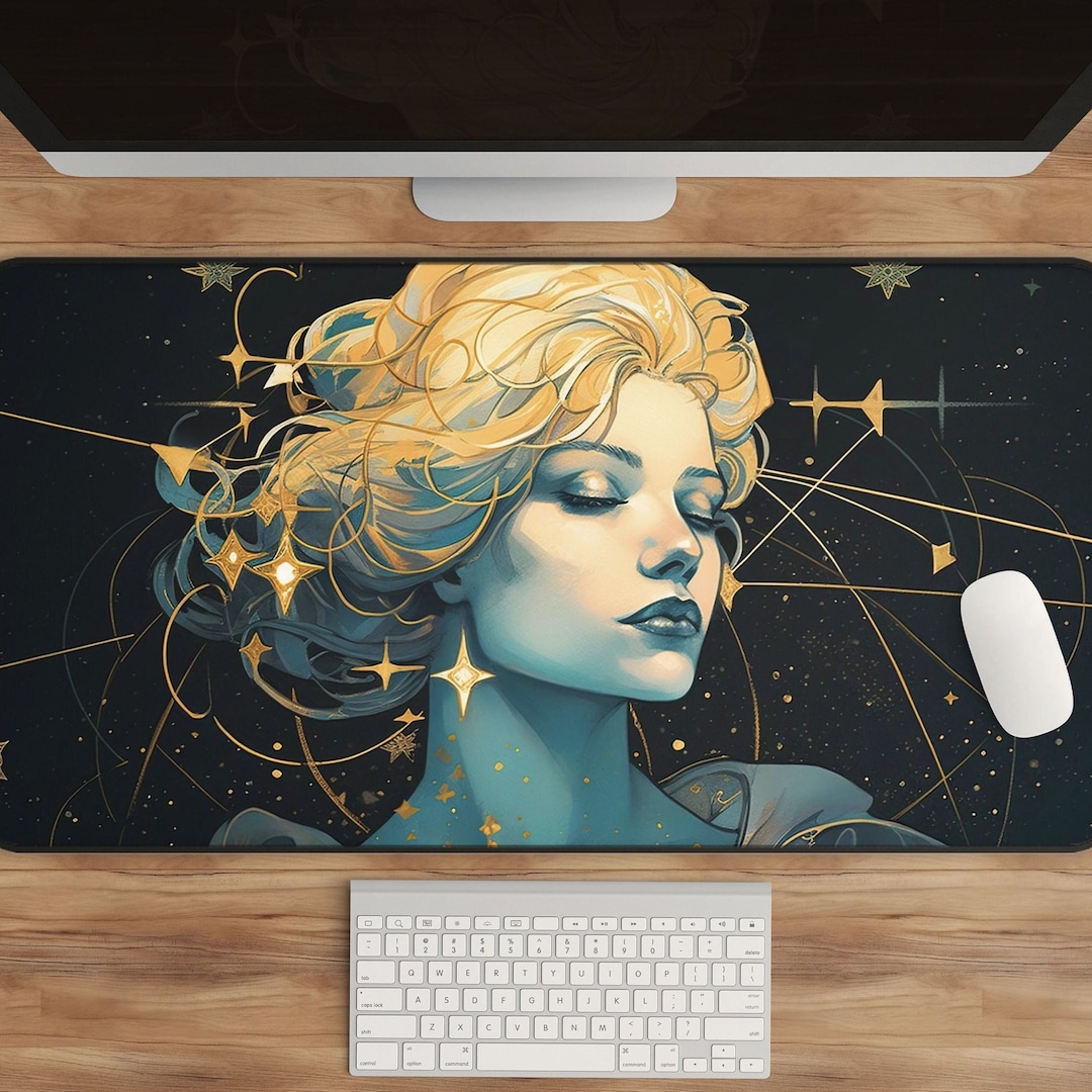 Celestial Desk Mat Art Nouveau Mat Gold and Blue Starry Night Cosmic ...