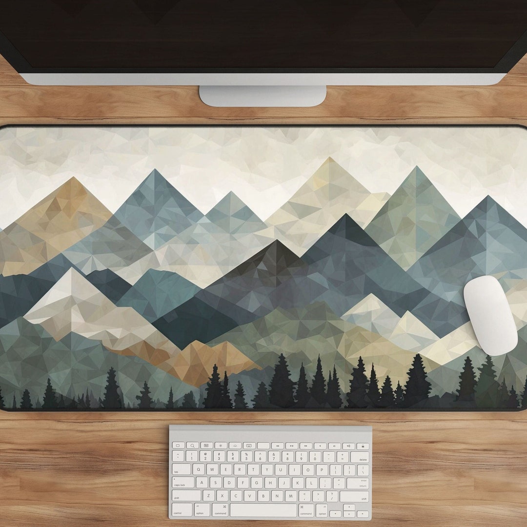Geometric Mountain Desk Mat - Low Poly Landscape Office Decor - Nature ...