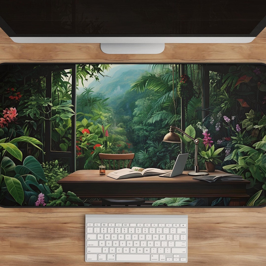 Green Rainforest Desk Mat - Aesthetic Anime Design, Cute Plant Mouse ...