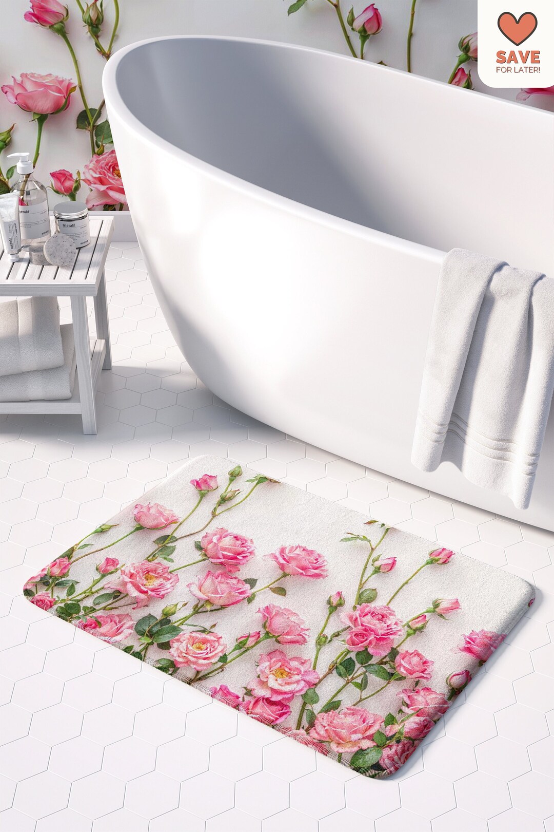 Pink Floral Bath Mat, Elegant Shabby Chic Decor for a Stylish Bathroom ...