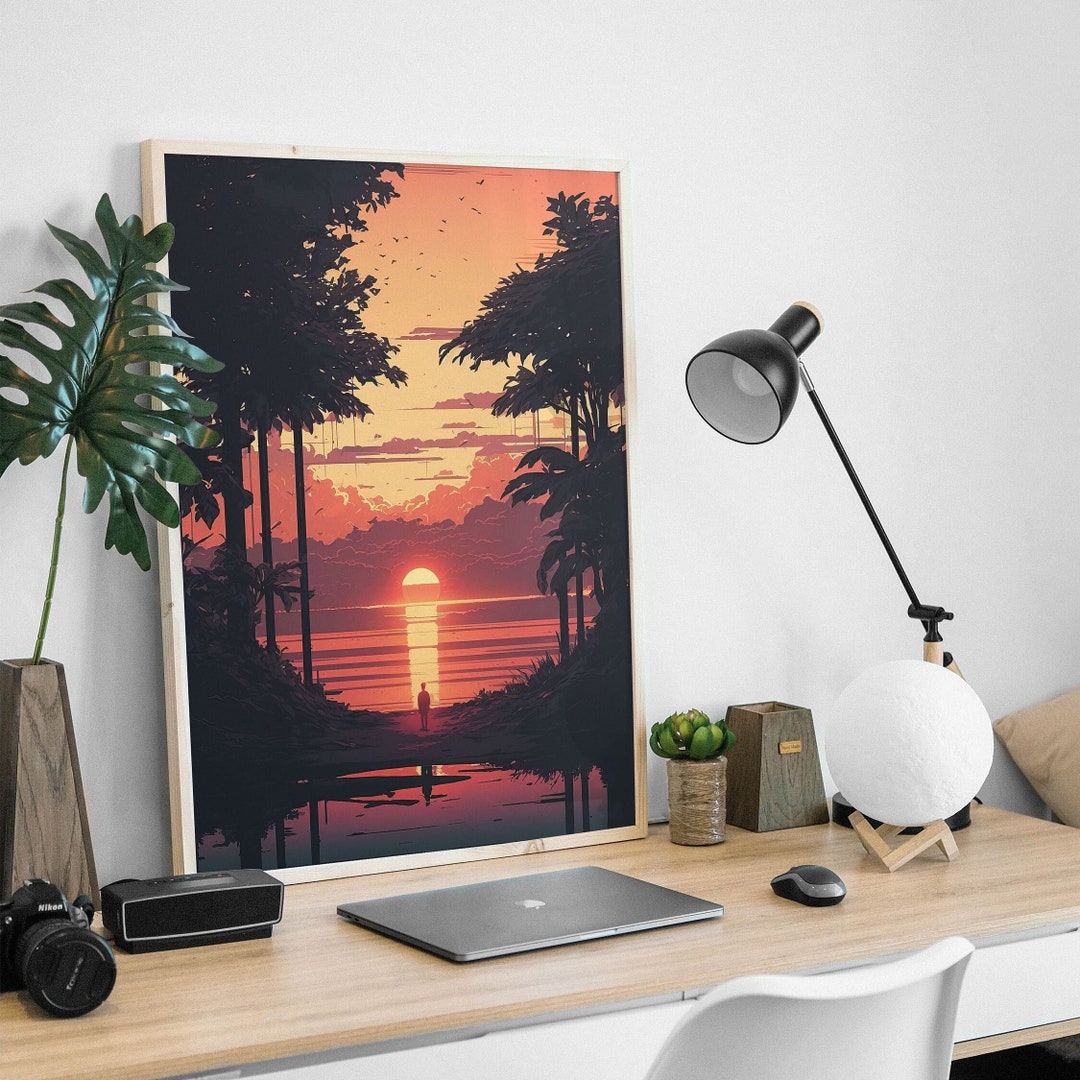 Tropical Sunset Poster: Pixel Art Digital Painting, Detailed Beach Lofi ...